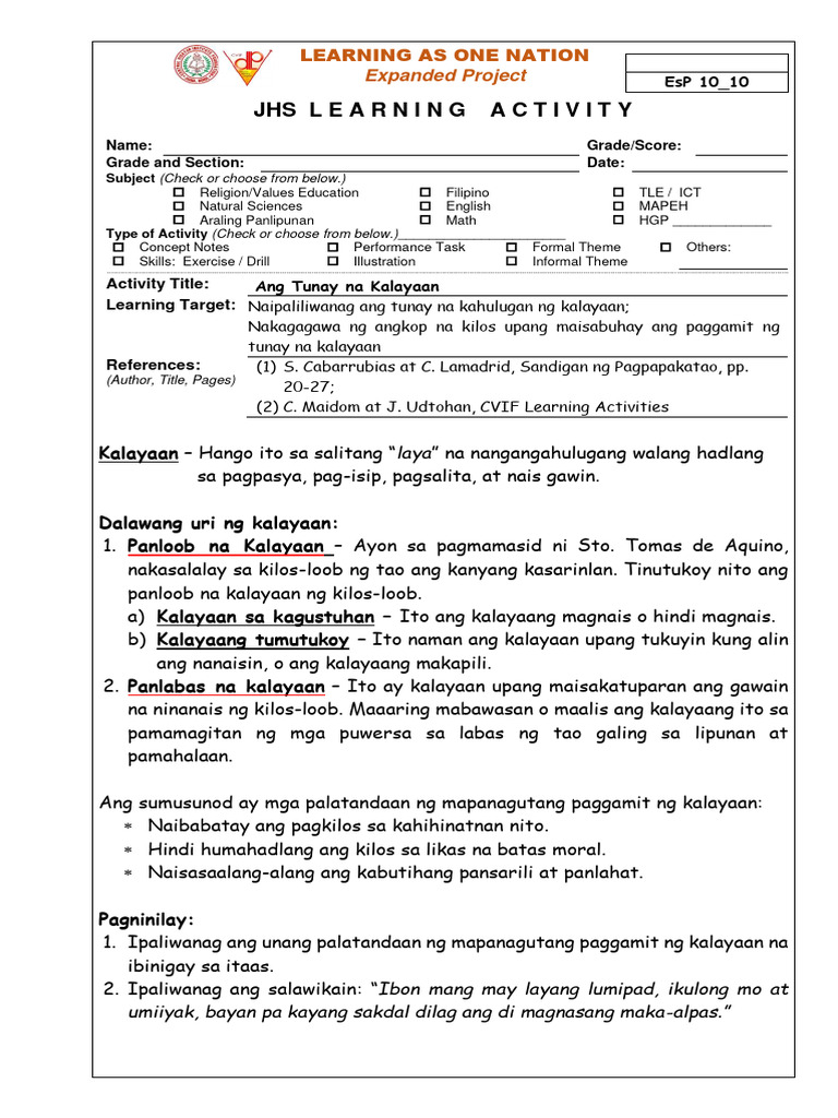 EsP 10 LAS 10 Ang Tunay Na Kalayaan | PDF