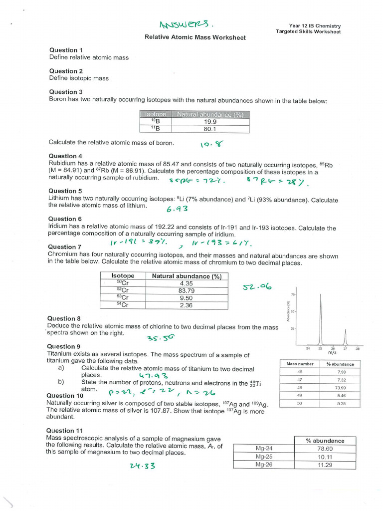Relative Atomic Mass ANSWERS | PDF