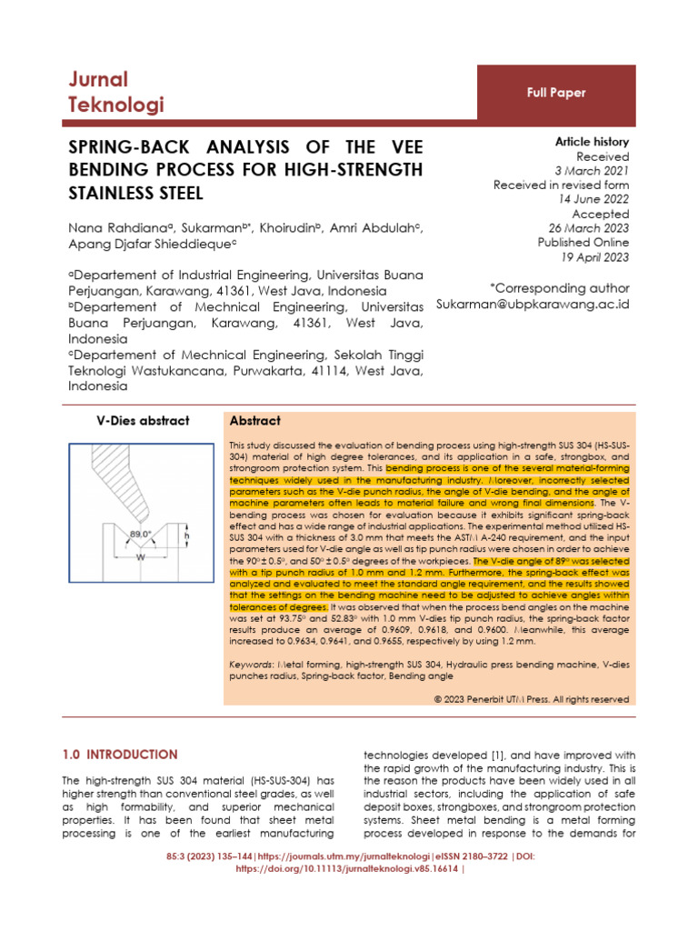 Spring-Back in V-Bending HS-SUS 304 | PDF | Bending | Sheet Metal