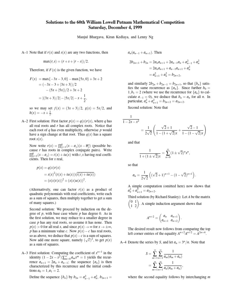 G13 1999 PUTNAM Solution | Download Free PDF | Square Root | Zero Of A ...