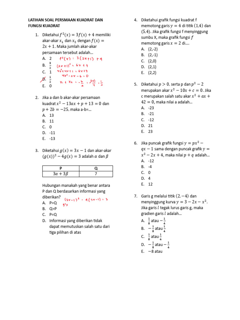 Latihan Soal Persmaan Kuadrat Dan Fungsi Kuadrat Utbk 2024 | PDF