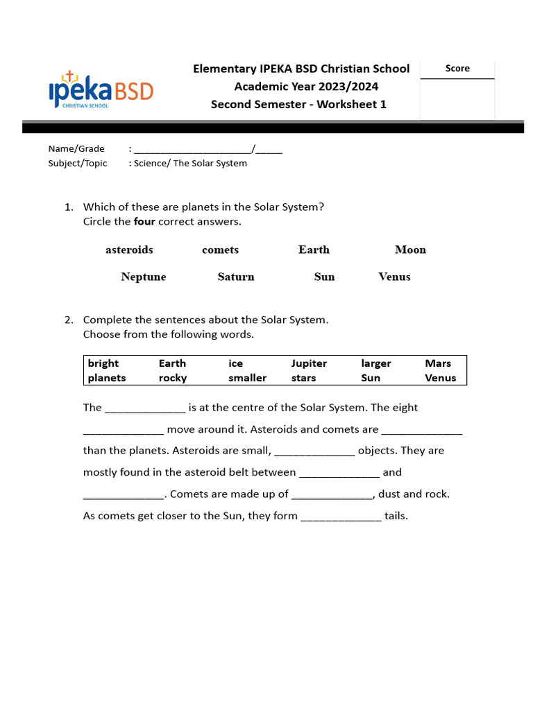 UNIT 8 - Worksheet 1 (The Solar System) | PDF | Solar System | Planets