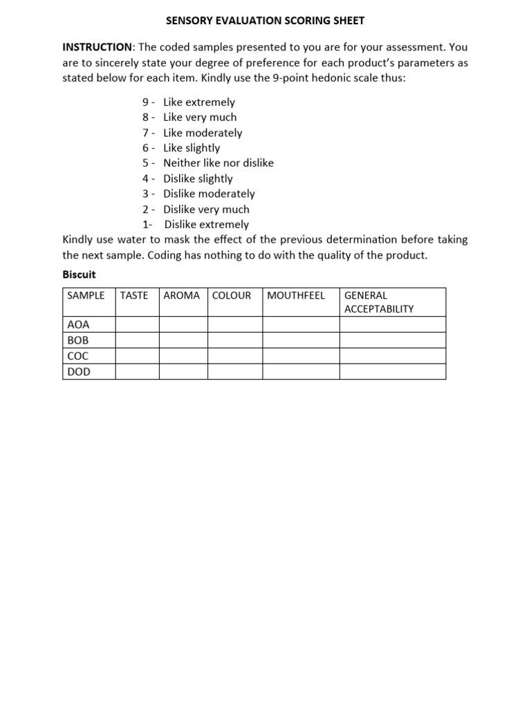 9-Point Hedonic Scale Evaluation Sheet | PDF | Cooking, Food & Wine