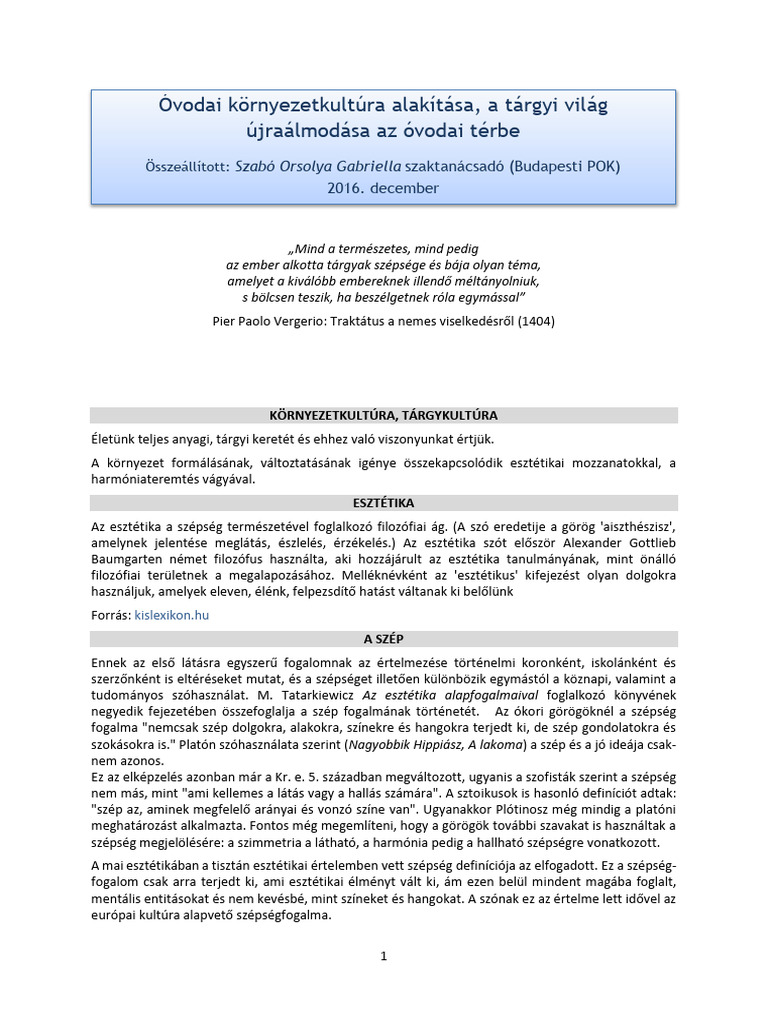 Ovoda Ovodai Kornyezetkultura Alakitasa | PDF