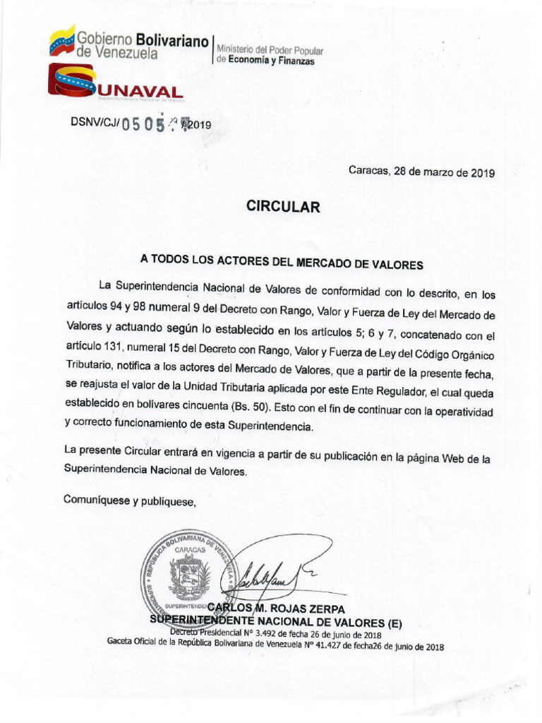CIRCULAR Sunaval AUMENTO UNIDAD TRIBUTARIA | PDF