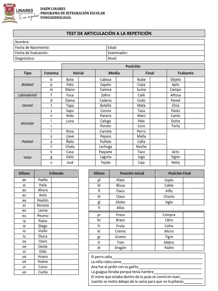 Test de Articulación A La Repetición: Posición Tipo Fonema Inicial ...