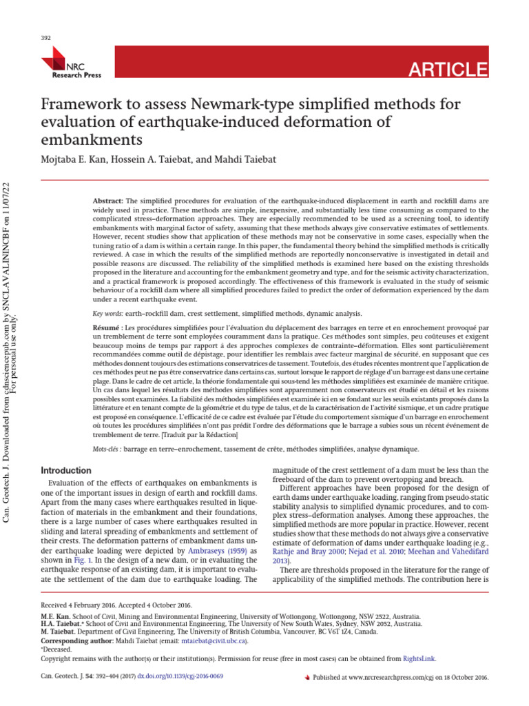 Dan Et Al. (2016) Framework To Assess Newmark-Type Simplified Methods ...