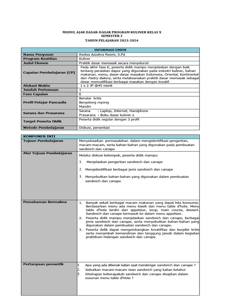 Modul Ajar Sandwich Dan Canape Akt - Interaktif | PDF
