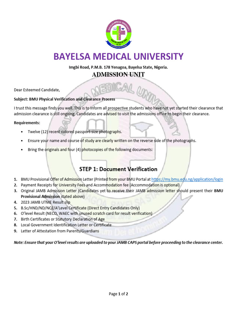 Bayelsa Medical University: Admission Unit | PDF