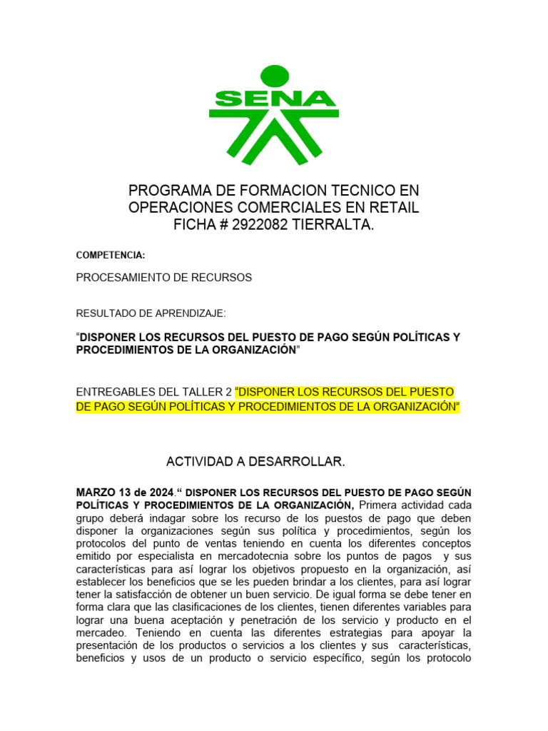 Programa de Formacion Tecnico en Operaciones Comerciales en Retail FICHA # 2922082 TIERRALTA ...