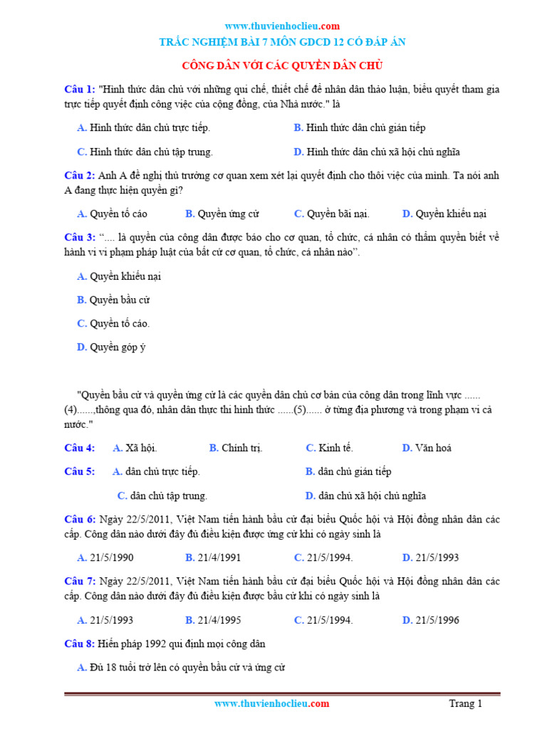 Trac Nghiem GDCD 12 Bai 7 | PDF
