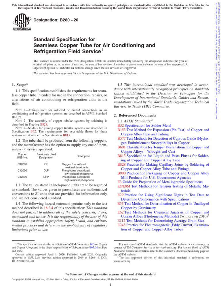 ASTM B 280-20 STD Spec For Seamless Copper Tubing For Air Conditioning and Refrigeration Field ...