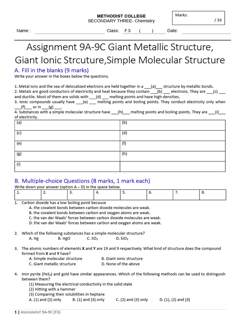 Assignment 9A-9C Giant Metallic, Giant Ionic and Simple Molecular ...