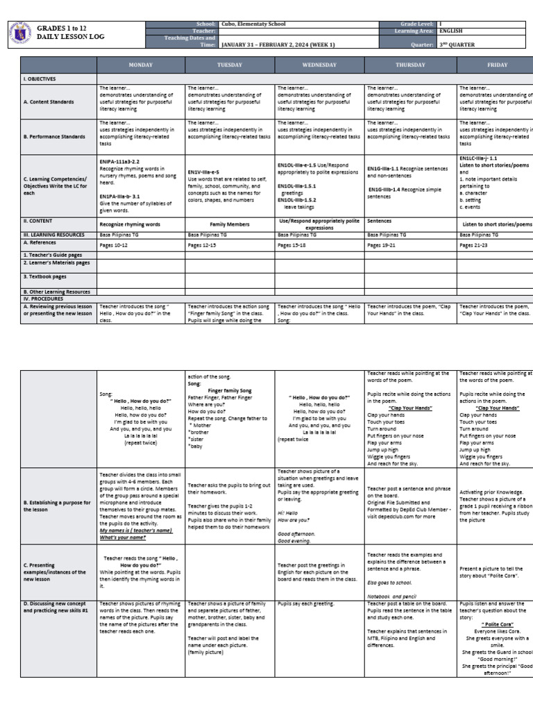 DLL English-1 Q3 W1 | PDF | Learning | Differentiated Instruction