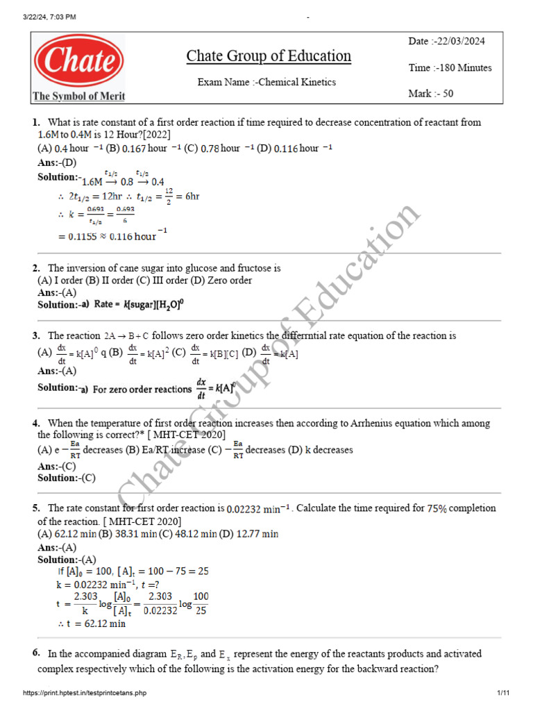 Chemical Kinetics Solution | PDF | Reaction Rate | Chemical Kinetics