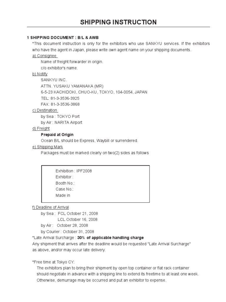 Shipping Instruction: 1 Shipping Document: B/L & Awb | Download Free ...