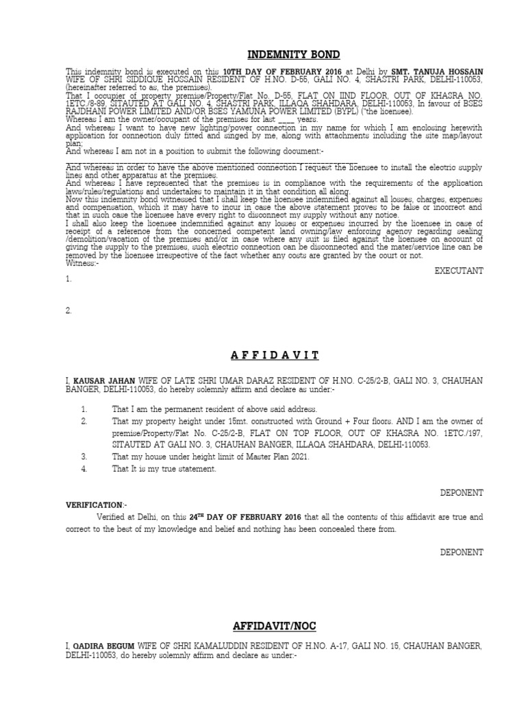 Indemnity Bond for Electric Connection | PDF | Affidavit | Indemnity