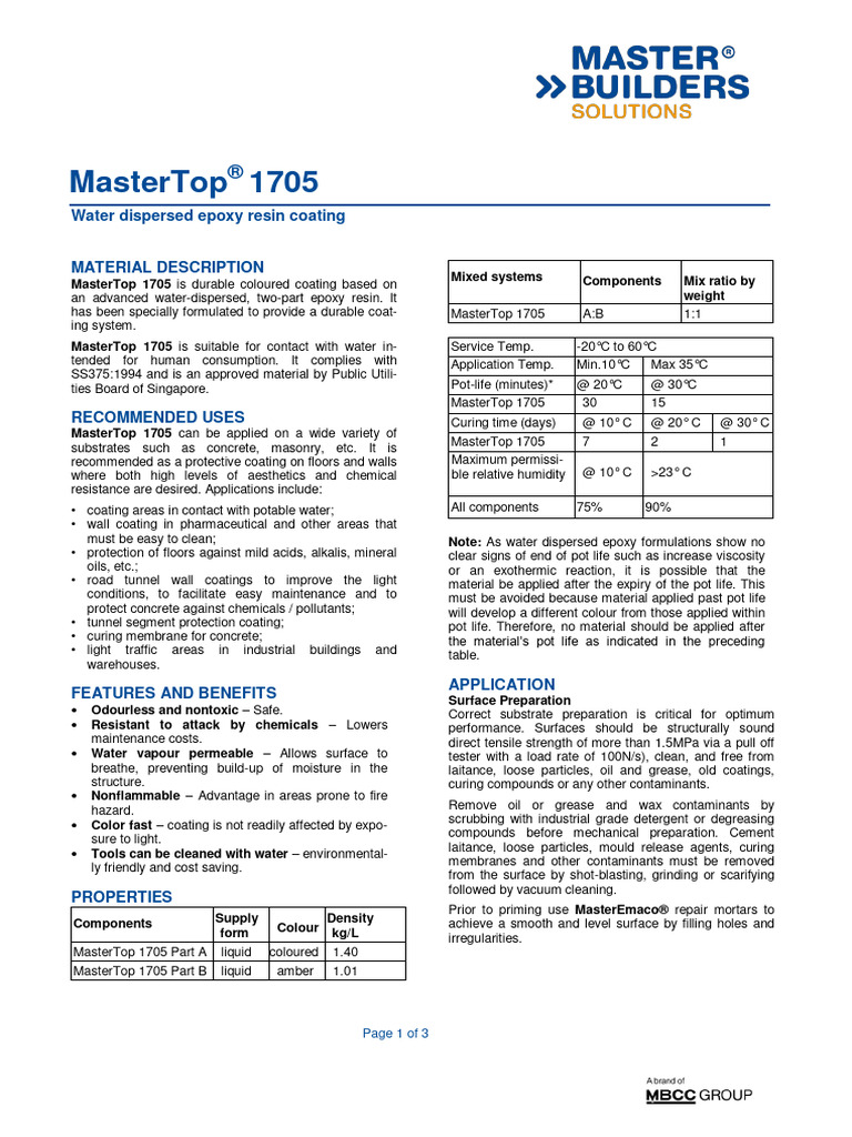 Mastertop 1705 Tds | PDF | Concrete | Epoxy