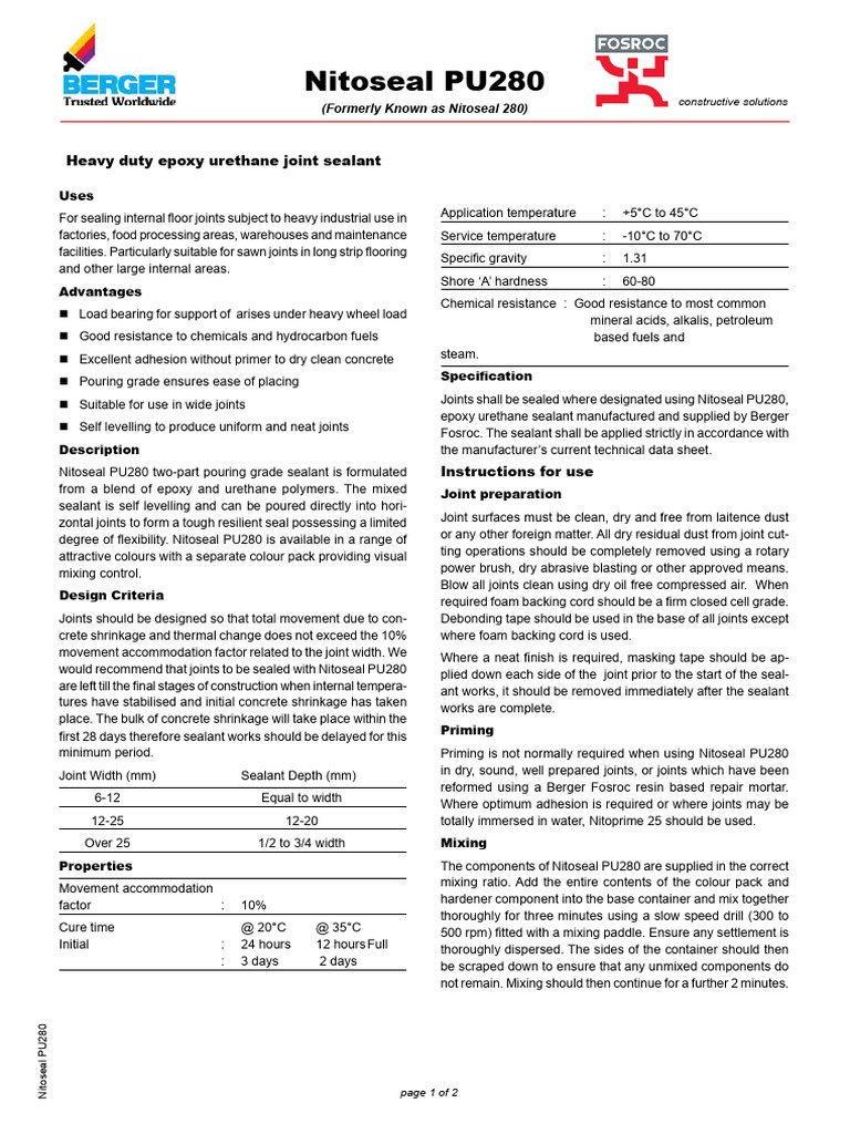Nitoseal PU280: Heavy Duty Sealant Guide | PDF | Polyurethane | Epoxy