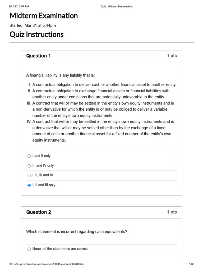 Quiz - Midterm Examination | PDF | Banks | Equity (Finance)