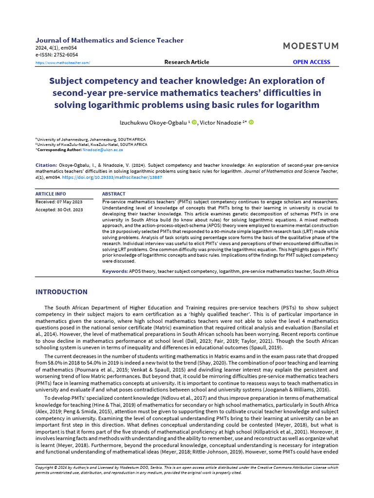 Subject Competency and Teacher Knowledge An Exploration of Second Year ...