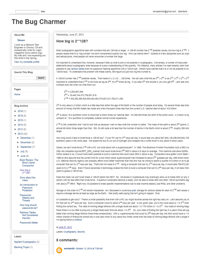 The Bug Charmer_ How big is 2__128_ | PDF | Key (Cryptography) | Encryption The Bug Charmer_ How big is 2__128_ | PDF | Key (Cryptography) | Encryption