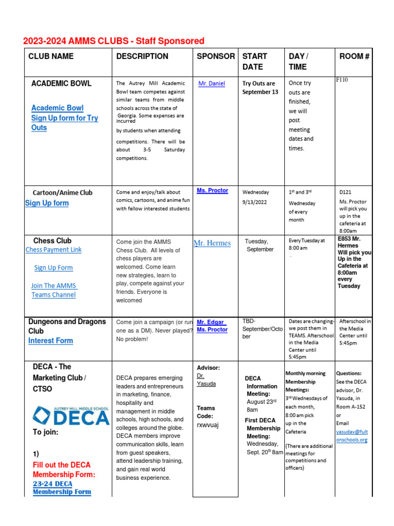 2023-24 Amms School Club List | PDF