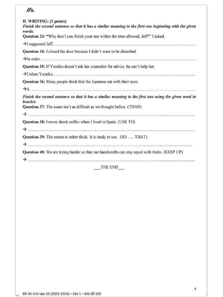 đề thi thử ltv 2024 | PDF