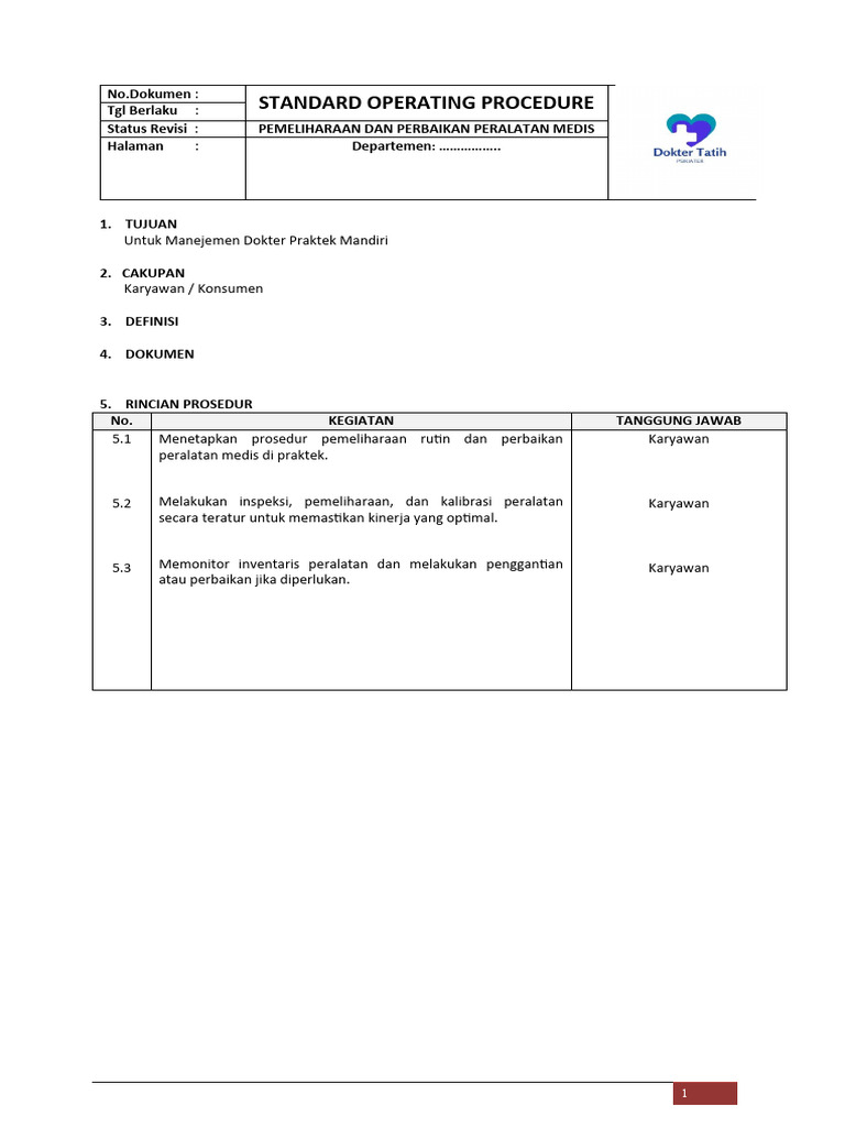 Sop Pemeliharaan Dan Perbaikan Peralatan Medis | PDF | Teknologi & Rekayasa