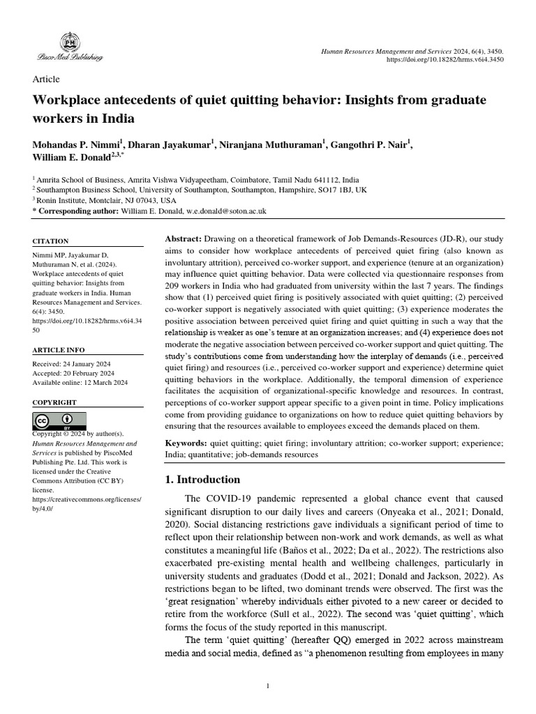 Workplace Antecedents of Quiet Quitting Behavior | PDF | Cronbach's ...