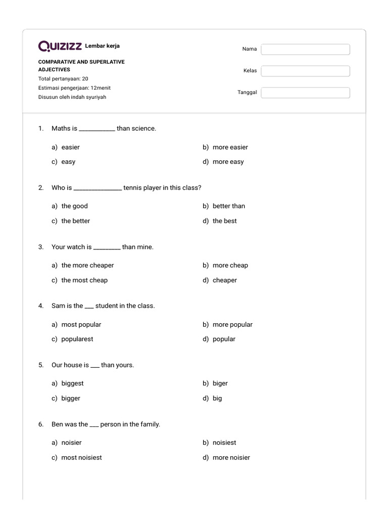 COMPARATIVE AND SUPERLATIVE ADJECTIVES - Quizizz | PDF | Semantic Units ...