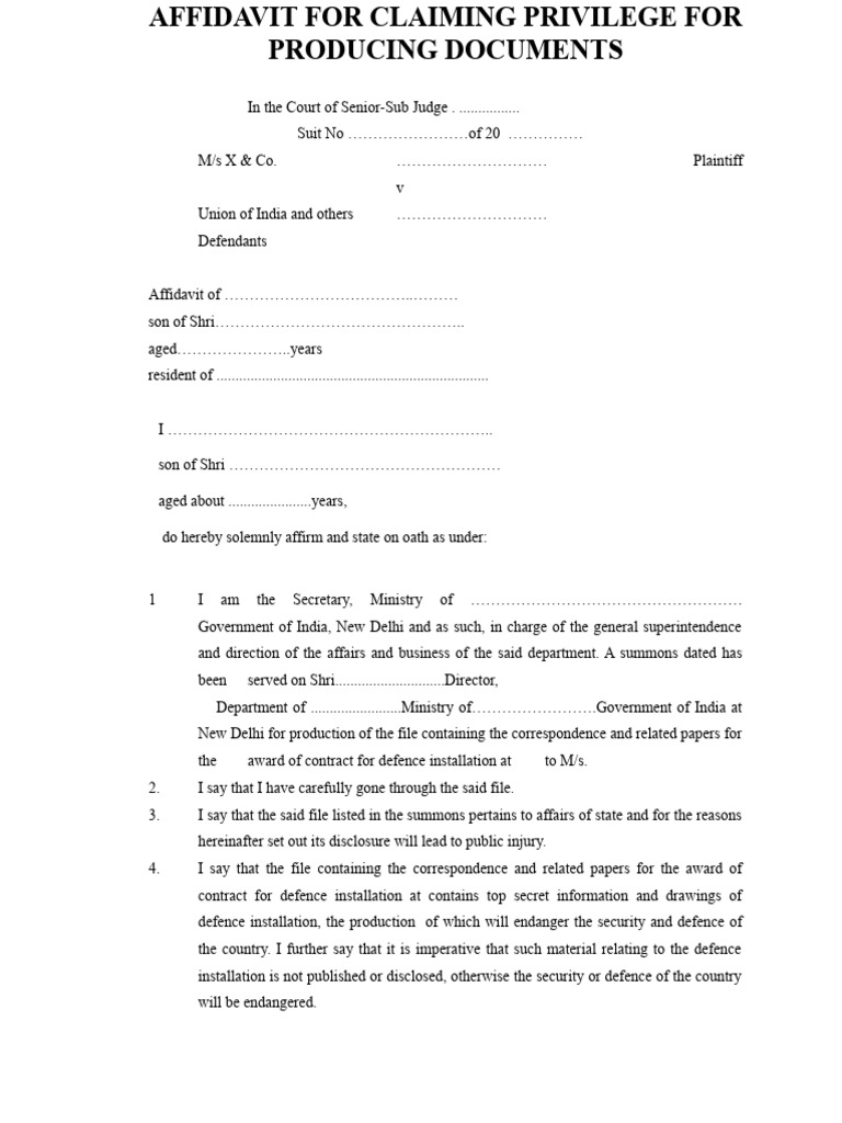 Affidavit For Claiming Privilege For Producing documents-Affidavits ...