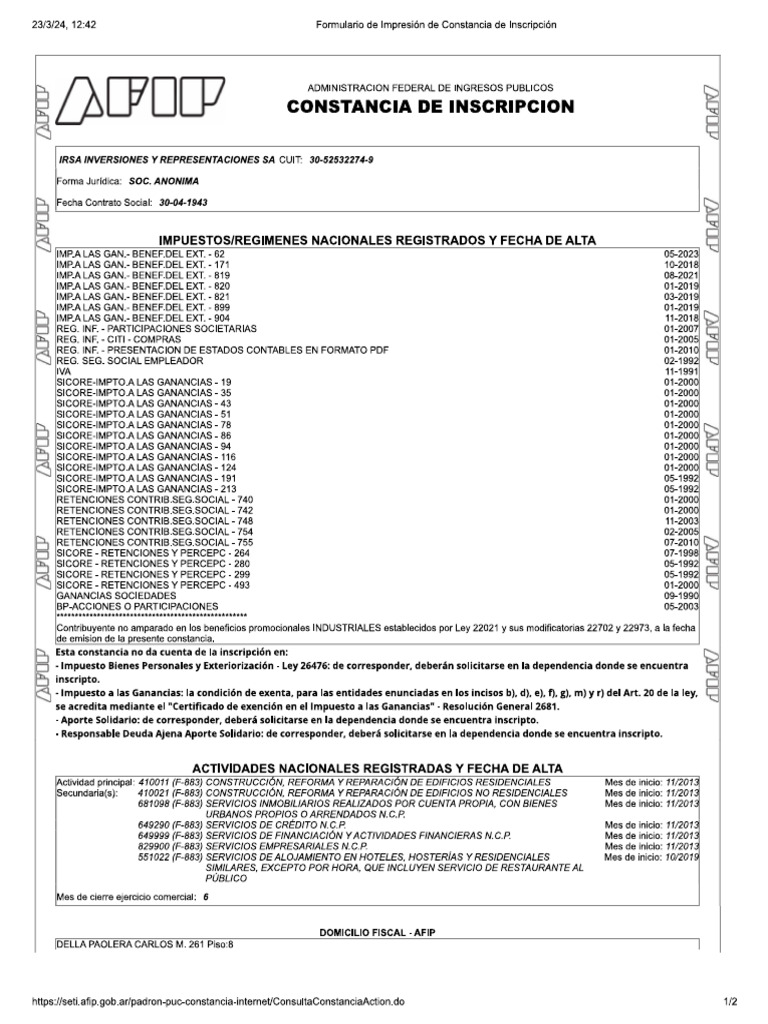 Constancia Inscripcion AFIP | PDF