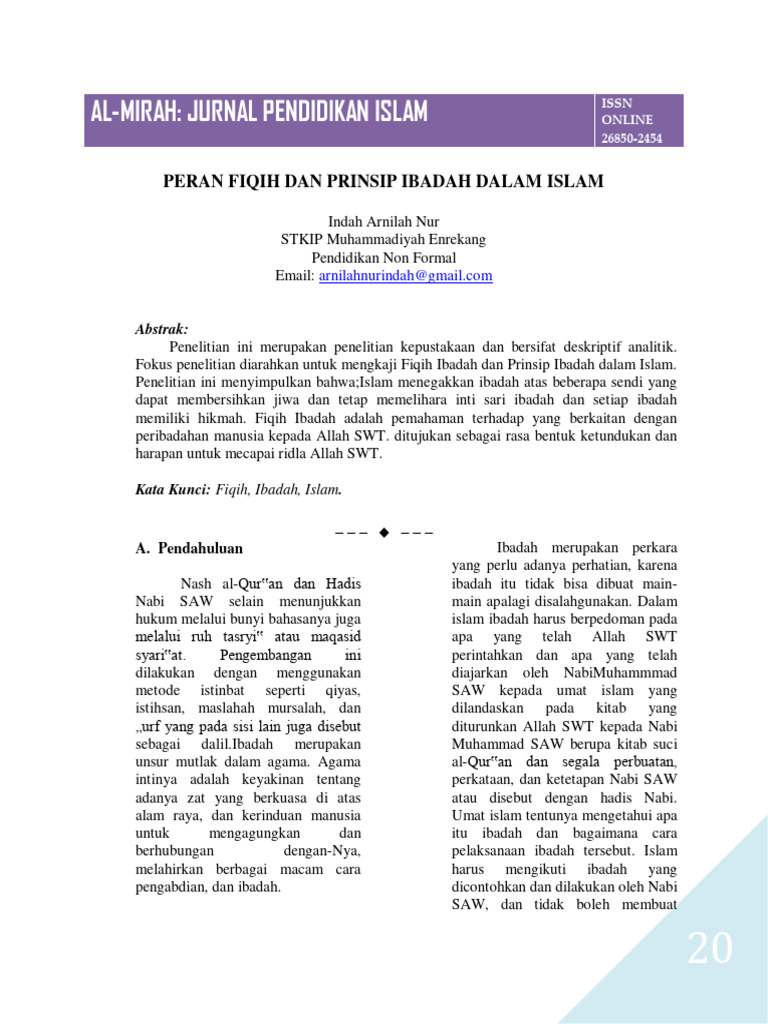 Al-Mirah: Jurnal Pendidikan Islam: Peran Fiqih Dan Prinsip Ibadah Dalam Islam | PDF