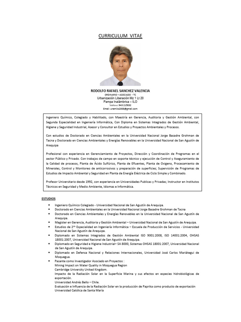 Curriculum Vitae: Rodolfo Rafael Sanchez Valencia | PDF | Ingeniería | Ingeniería Química