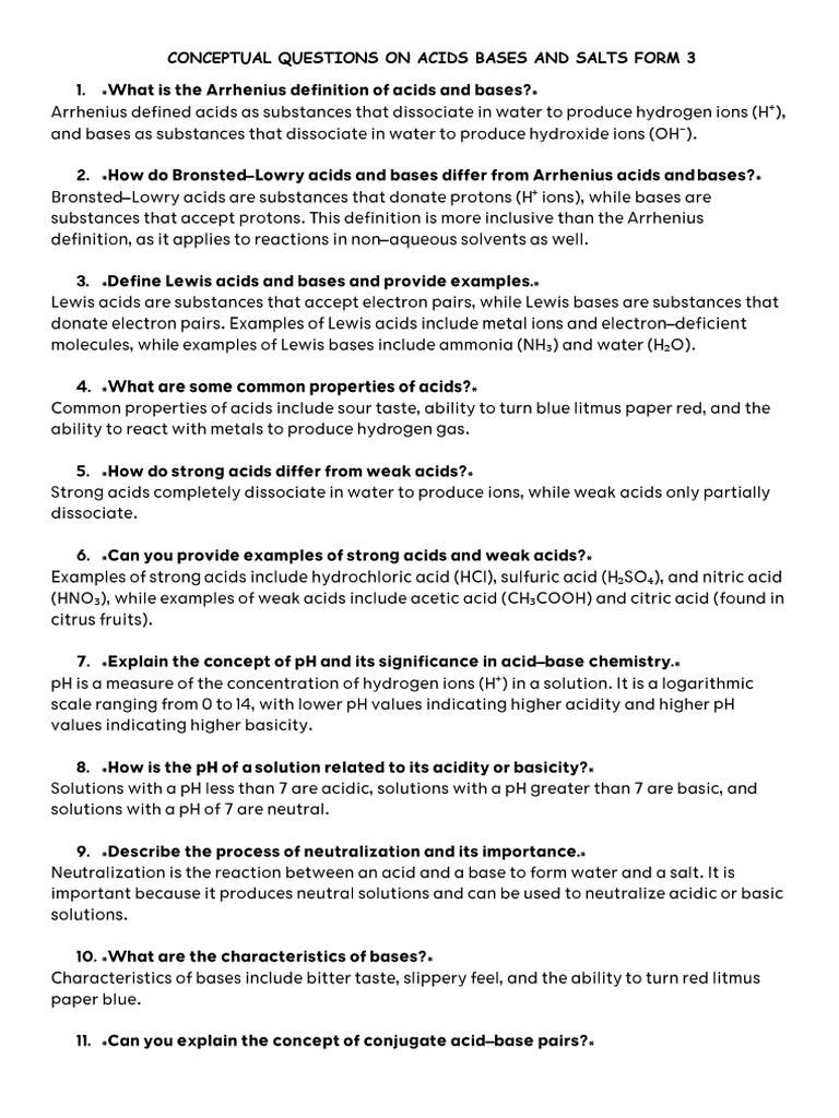 Conceptual Questions On Acids Bases and Salts Form 3 | PDF