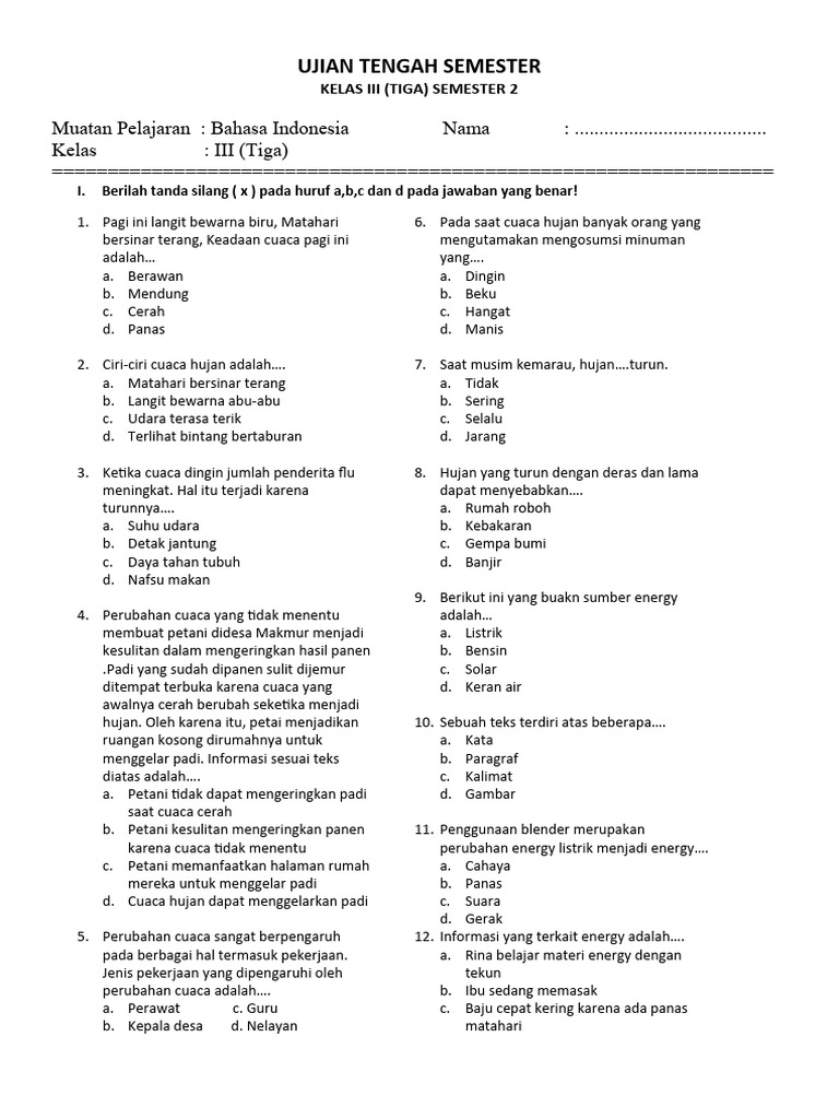 Soal Mid Bahasa Indonesia Kelas 3 Semster 2 | PDF