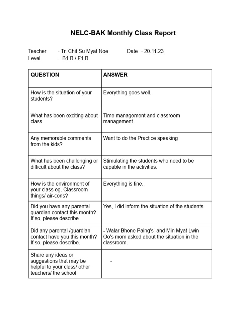 B1 Class Report by Tr. Chit Myat Noe | PDF | Career & Growth | Language ...