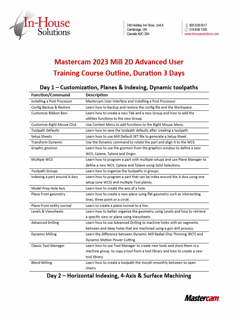 COURSE OUTLINE, Mastercam 2024 Mill 2D Advanced User Training | PDF ...