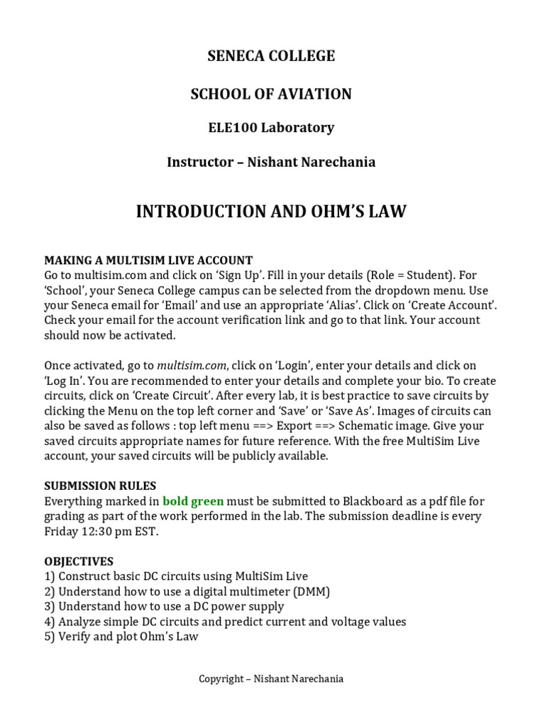 ELE100 Lab - Intro + Ohm's Law | PDF | Alternating Current | Direct Current
