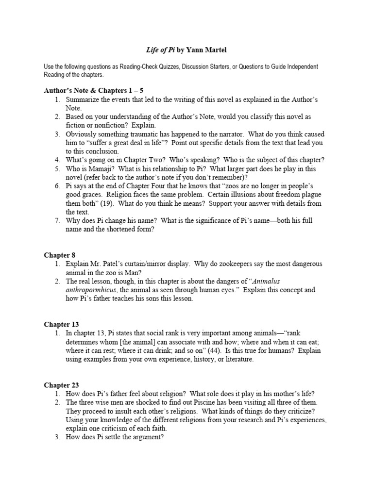 Life of Pi Chapter Discussion Questions | PDF | Philosophy