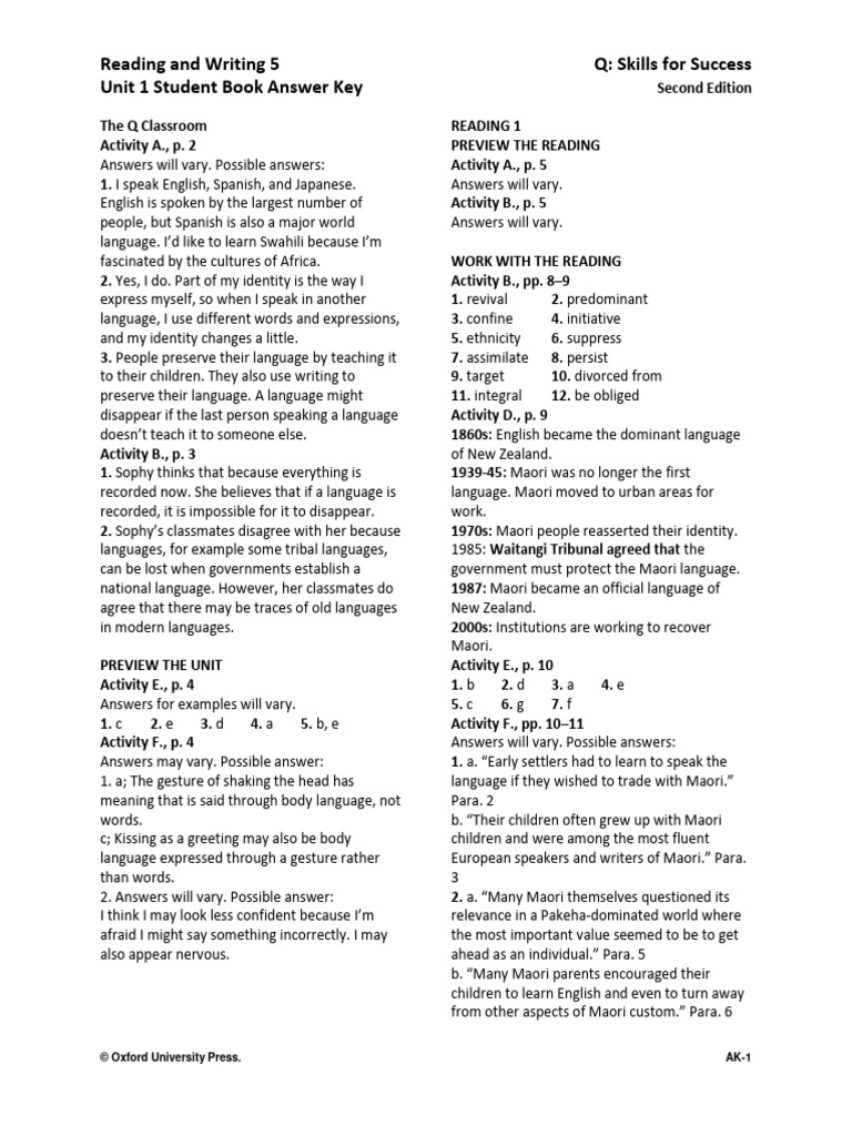 Q2e RW5 U01 AnswerKey | PDF | Māori People | Vocabulary