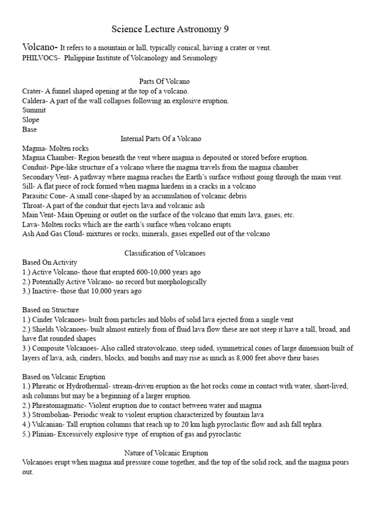 Science Lecture Astronomy 9 | PDF | Volcano | Types Of Volcanic Eruptions