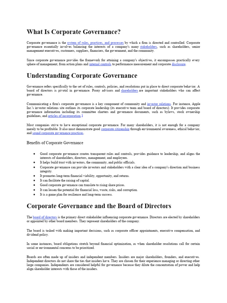 Understanding Corporate Governance Essentials | PDF | Corporate ...