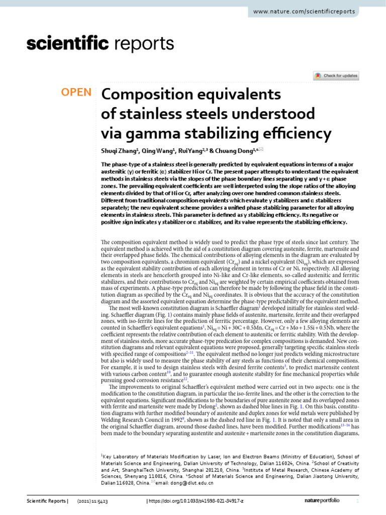 Composition Equivalents of Stainsless Steels Understood Via Gamma Stabilizing Efficiency ...