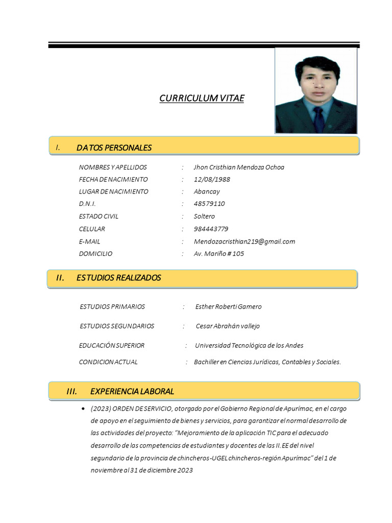 Jhon Cristhian Mendoza Ochoa..Curriculum Vitae 2024 | PDF | Contador | Contabilidad