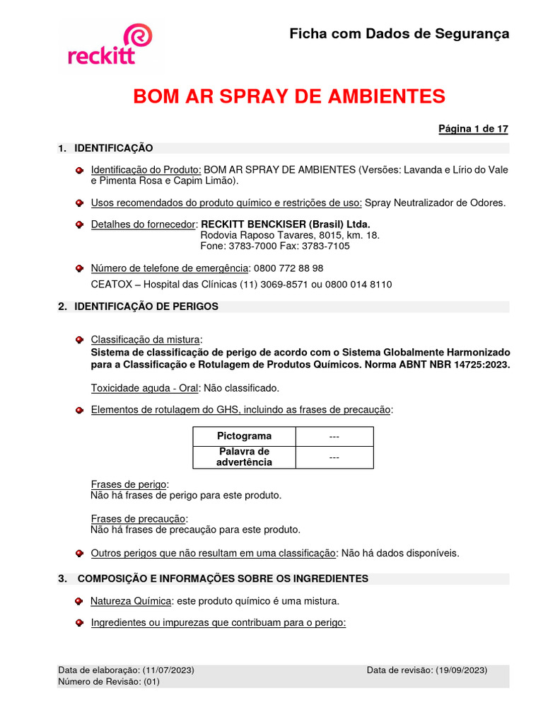 109 - Bom Ar Spray de Ambientes - FDS Rev.01 | PDF | Embalagem e rotulagem