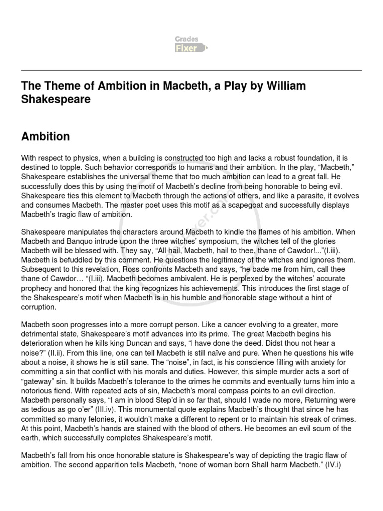 The Theme of Ambition in Macbeth, A Play by William Shakespeare | PDF ...