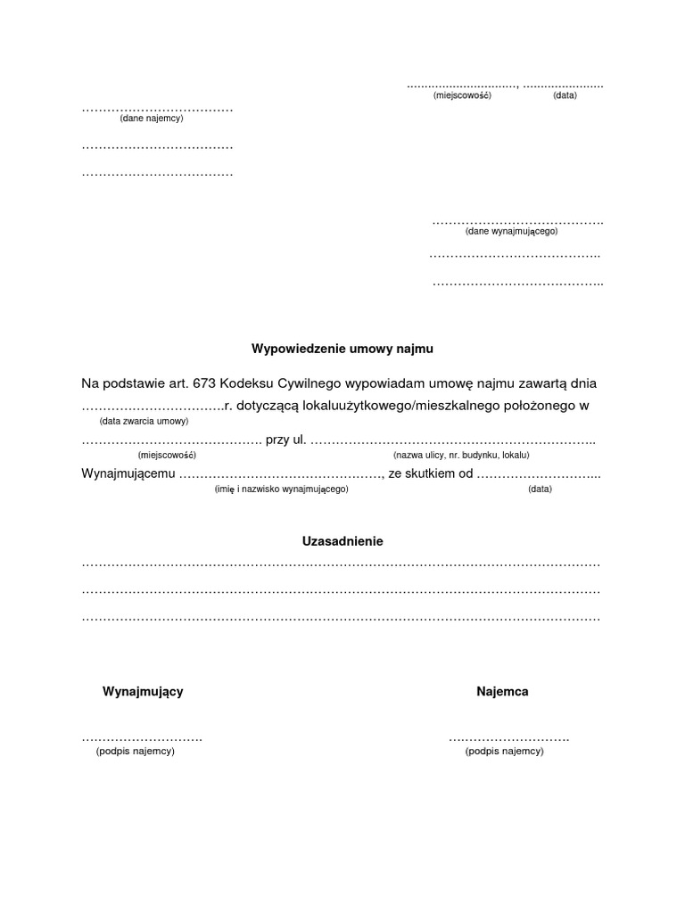 Wypowiedzenie Umowy Najmu - Wzór | PDF
