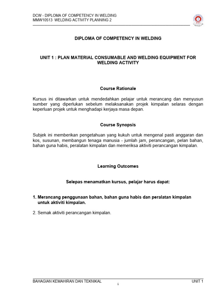 Modul MMW10513 - Unit 1 - Plan Material, Consumable and Welding Equipment For Welding Activity | PDF